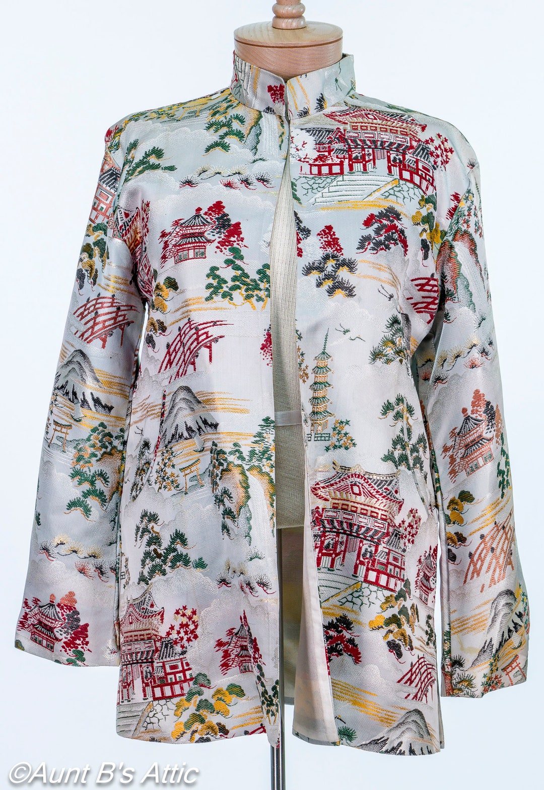 Vintage 60's Asian Silk Jacket Silver Gray Multi Japanese Scene Lined ...