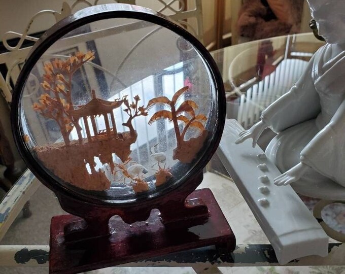 Vintage Chinese Round Cork Diorama Chinese Cork Carving Chinese Carved ...