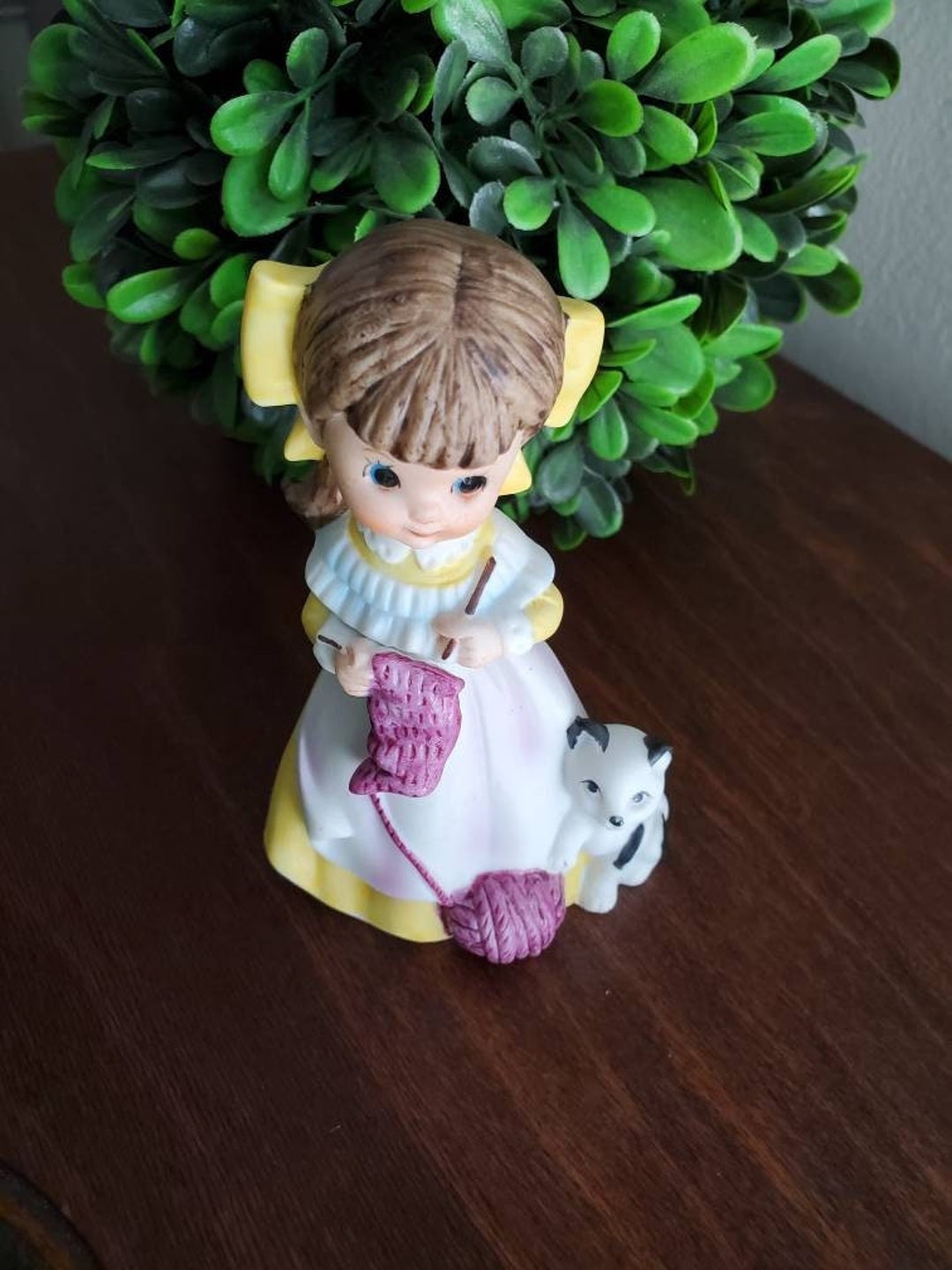 Vintage INARCO Japan Girl in Yellow Dress and Bow With Cat Figurine Mid ...
