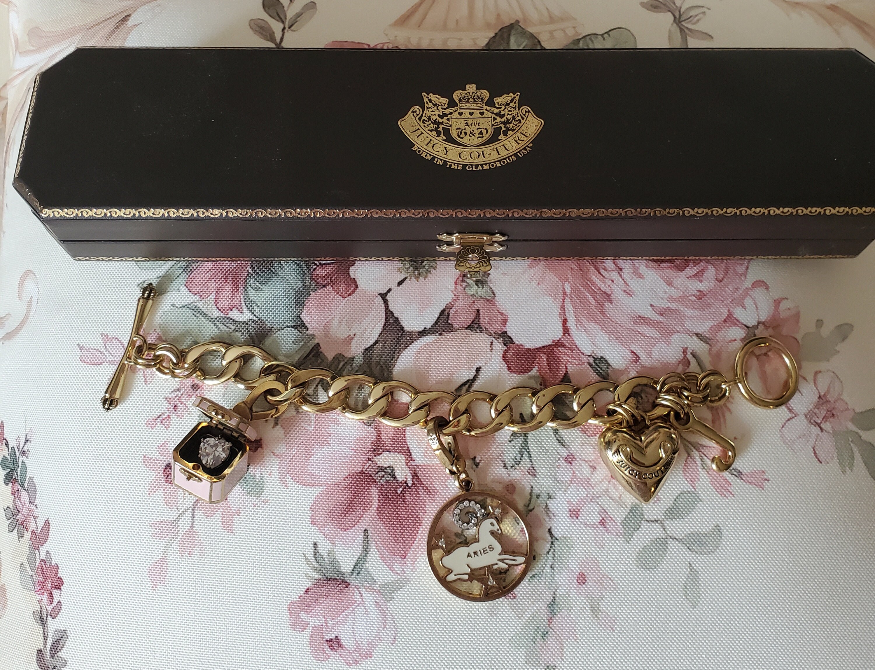 Vintage Juicy Couture Charm Bracelet With Diamond Gem Charm Box Charm, Rhinestone Aries Charm ...