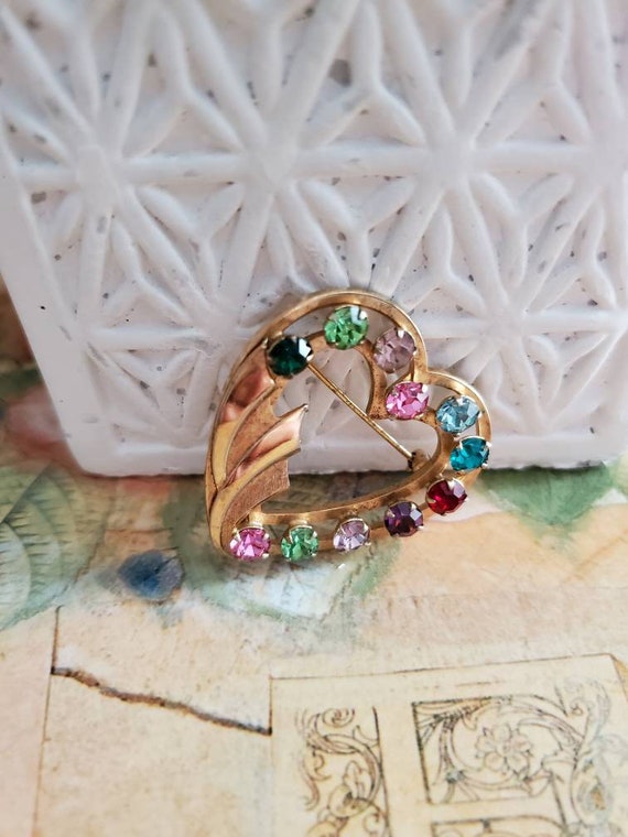 Vintage Gold Filled Rhinestone Heart Pin Rainbow Rhinestone - Etsy