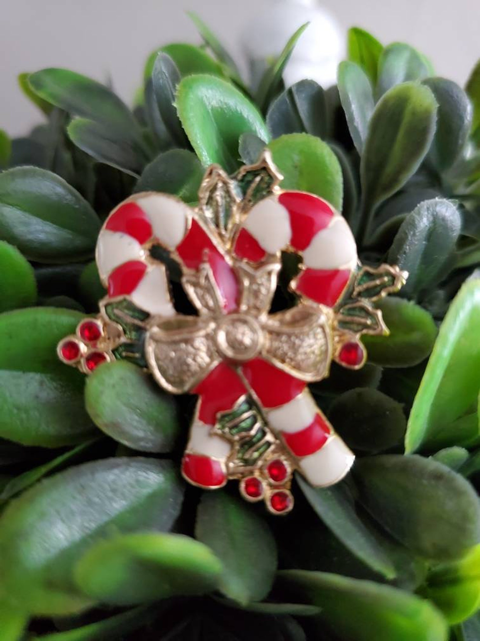 Vintage Candy Cane and Mistletoe Holiday Brooch Christmas Pin Holiday ...