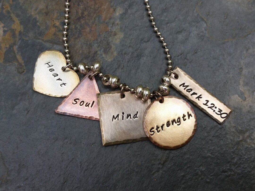 Heart, Soul, Mind, Strength - Mark 12:30 Hand Stamped Metal Necklace ...