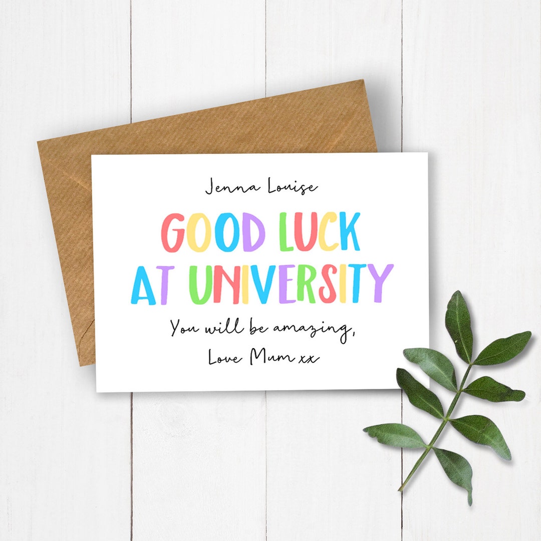 Personalised Rainbow Letters Good Luck at University Card, First Day ...