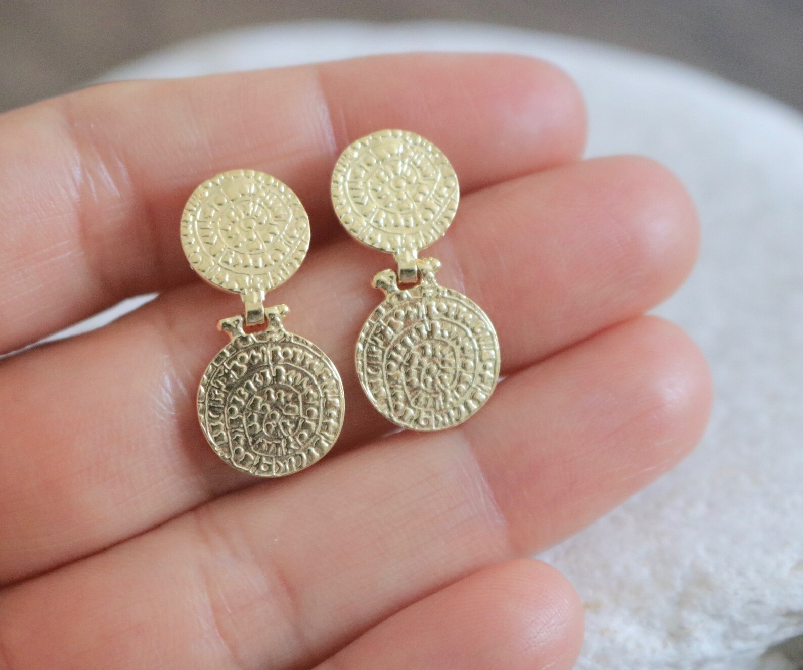 Vermeil Ancient Greek Minoan Phaistos Disc Coin Earrings | Etsy