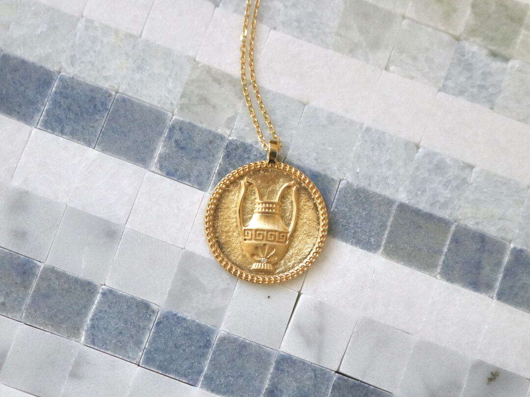 PRE-ORDER Vermeil Ancient Greek AMPHORA Greek Key Medallion Necklace ...