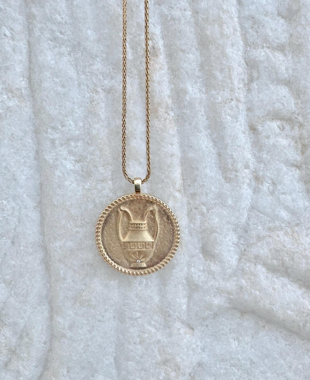 14K Gold Ancient Greek AMPHORAE Greek Key Medallion Necklace With ...