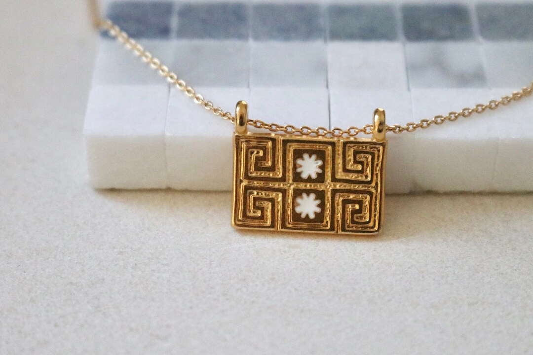 24K Gold Ancient Greek Key MEANDROS Pendant With White Enamel - Etsy