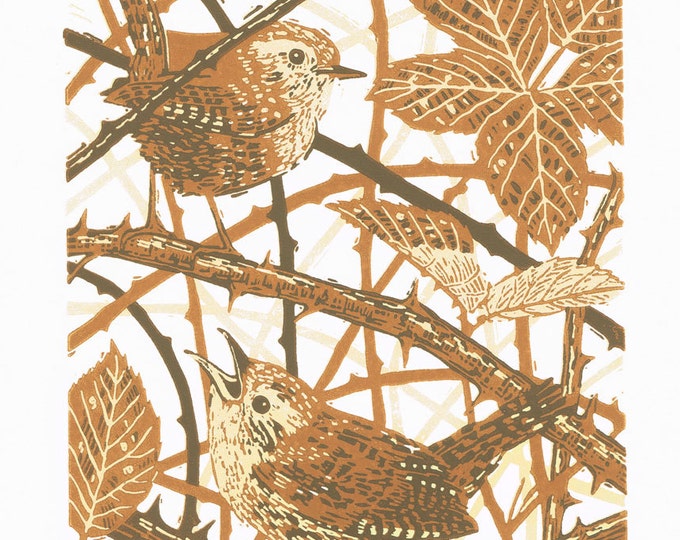 Wren original Lino Print Illustration - Etsy UK