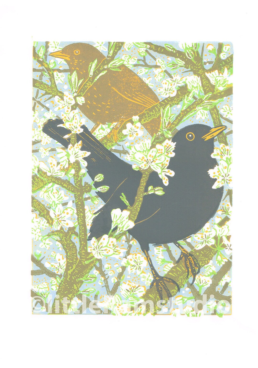 Blackbirds Print, Blackbirds Lino Cut Print, Blackbird Limited Edition ...
