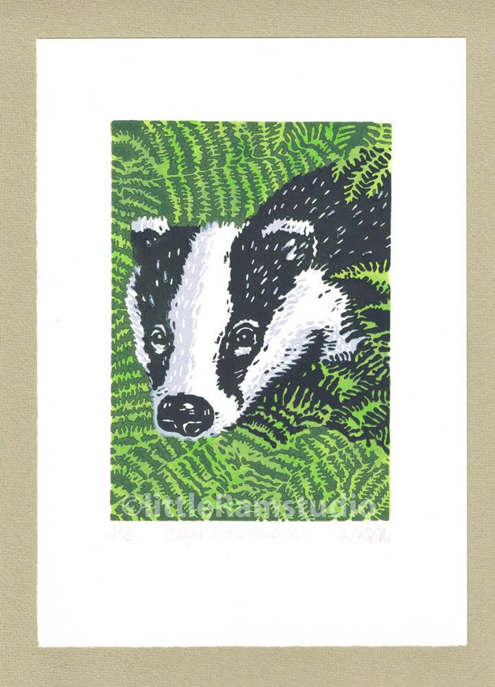 Badger Linocut Print, Badger in the Bracken, Limited Edition Linocut ...