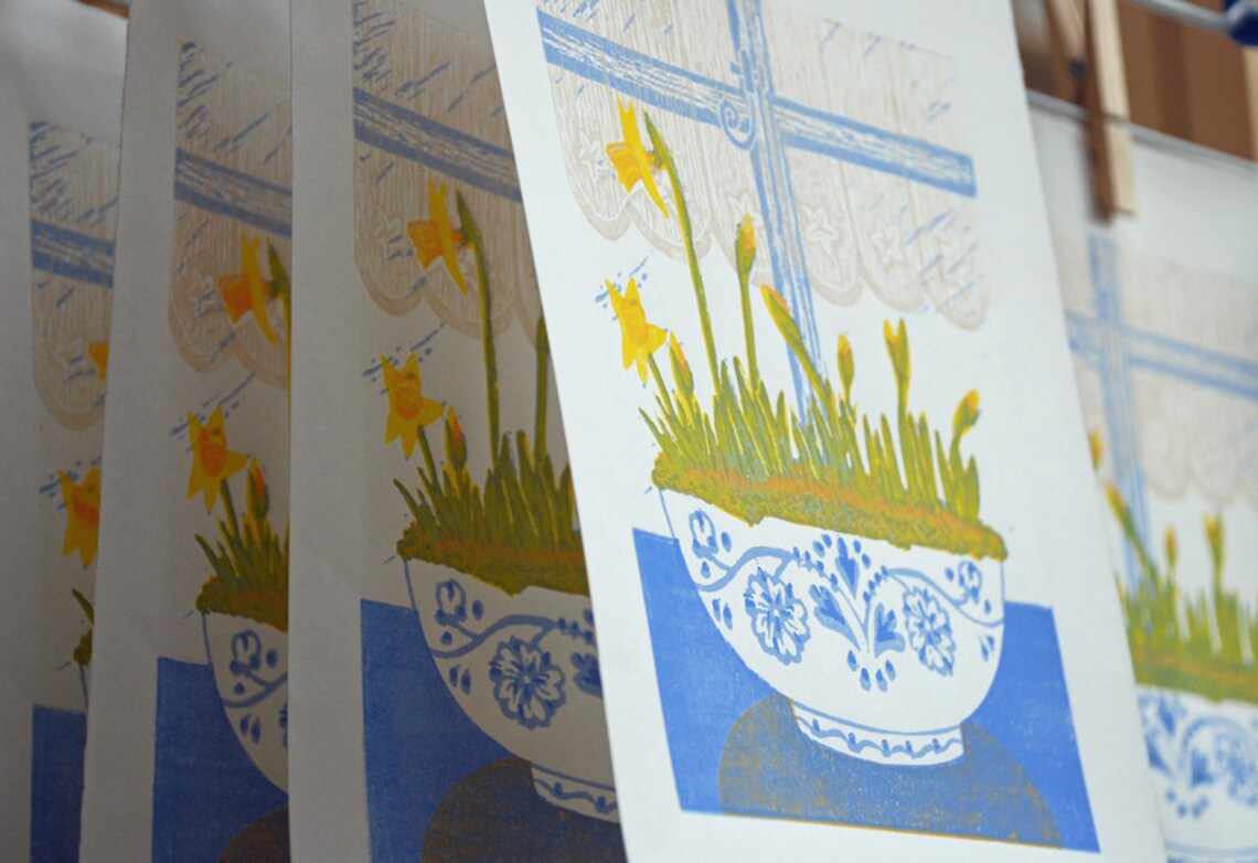 Spring Flower Linocut Print Spring Daffodils Original - Etsy