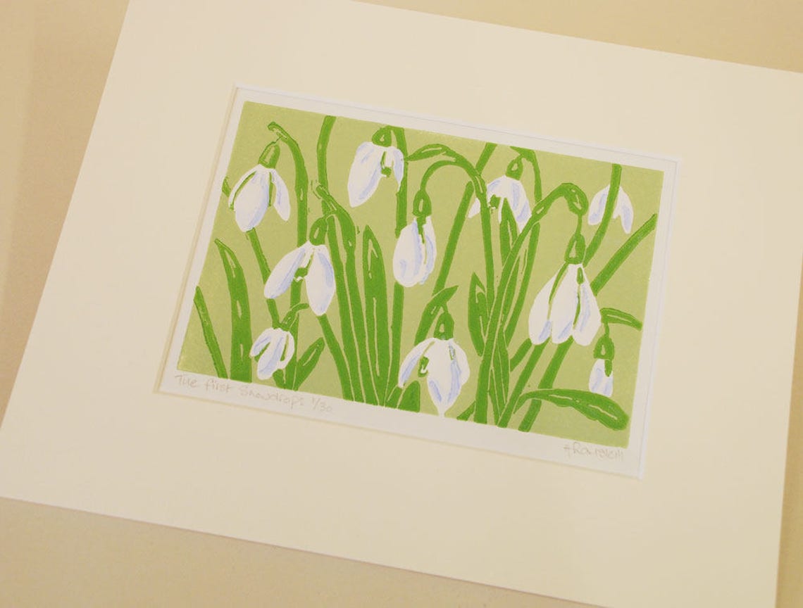 Snowdrops art Snowdrops print Snowdrops linocut print | Etsy