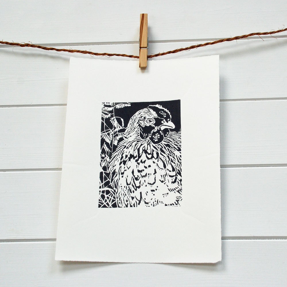 Chicken, Chicken Art, Chicken Linocut Print Chicken in the Nettle Bed ...