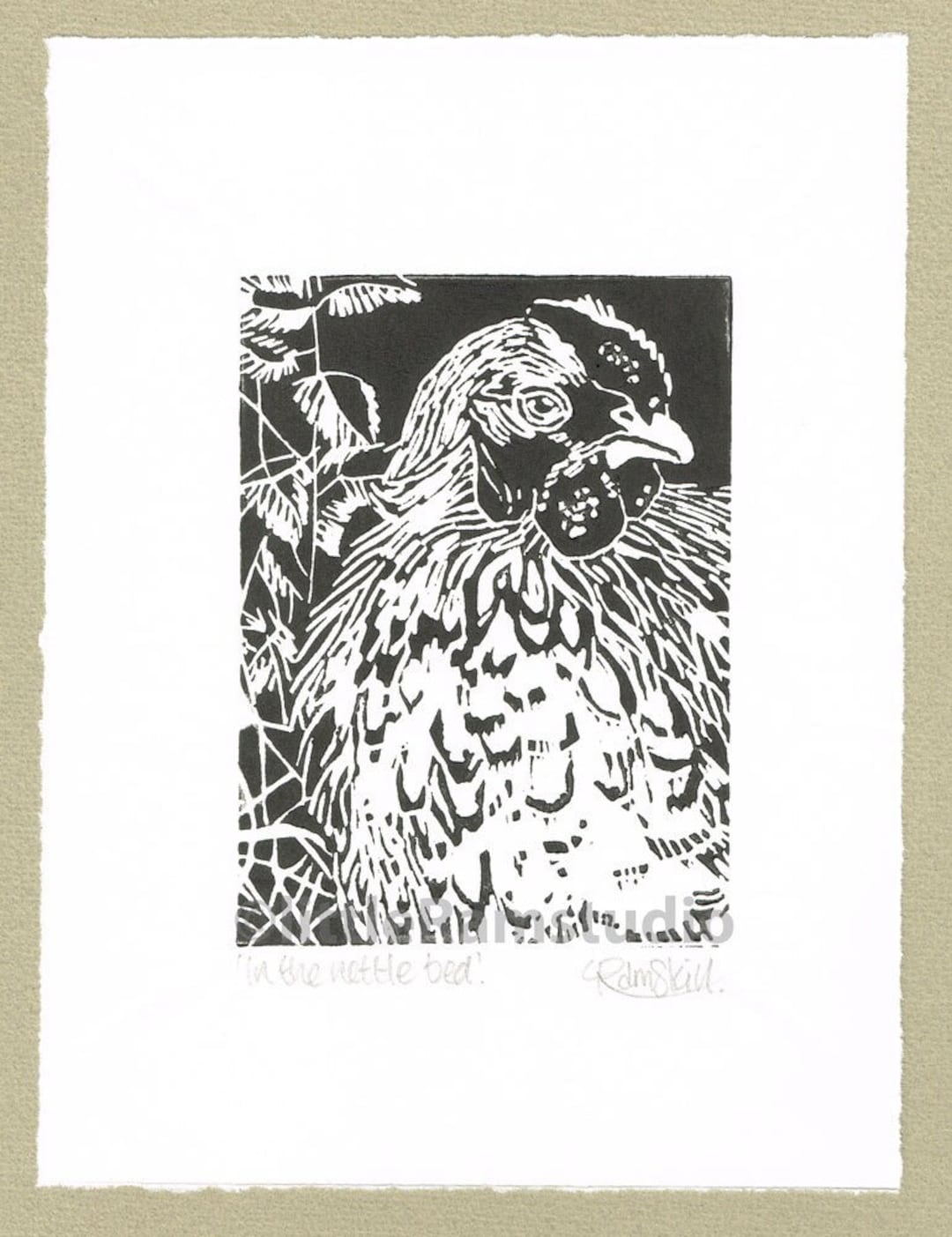 Chicken, Chicken Art, Chicken Linocut Print - Chicken in the Nettle Bed ...