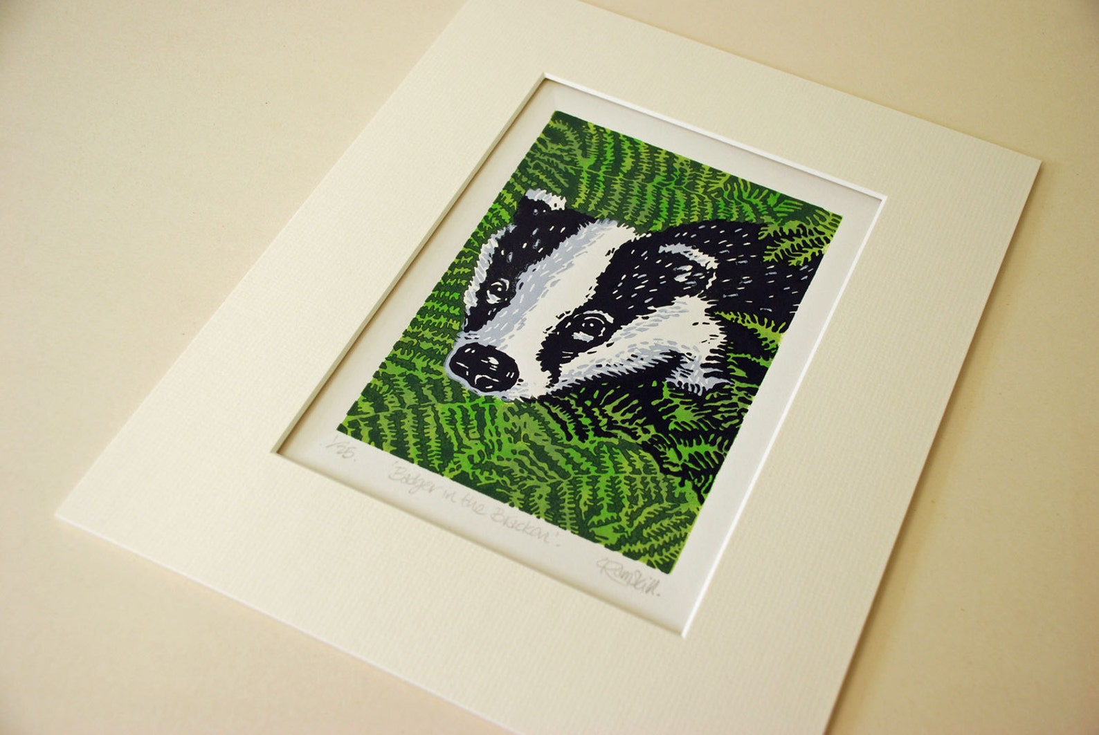 Badger Linocut Print, Badger in the Bracken, Limited Edition Linocut ...