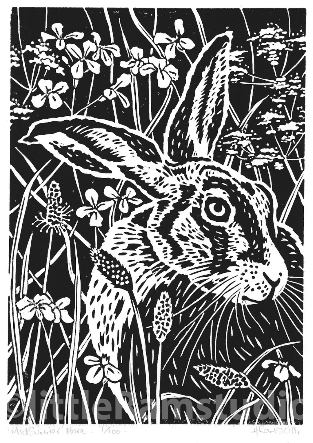 Hare Linocut Print, Midsummer Hare edición limitada linocut print ...