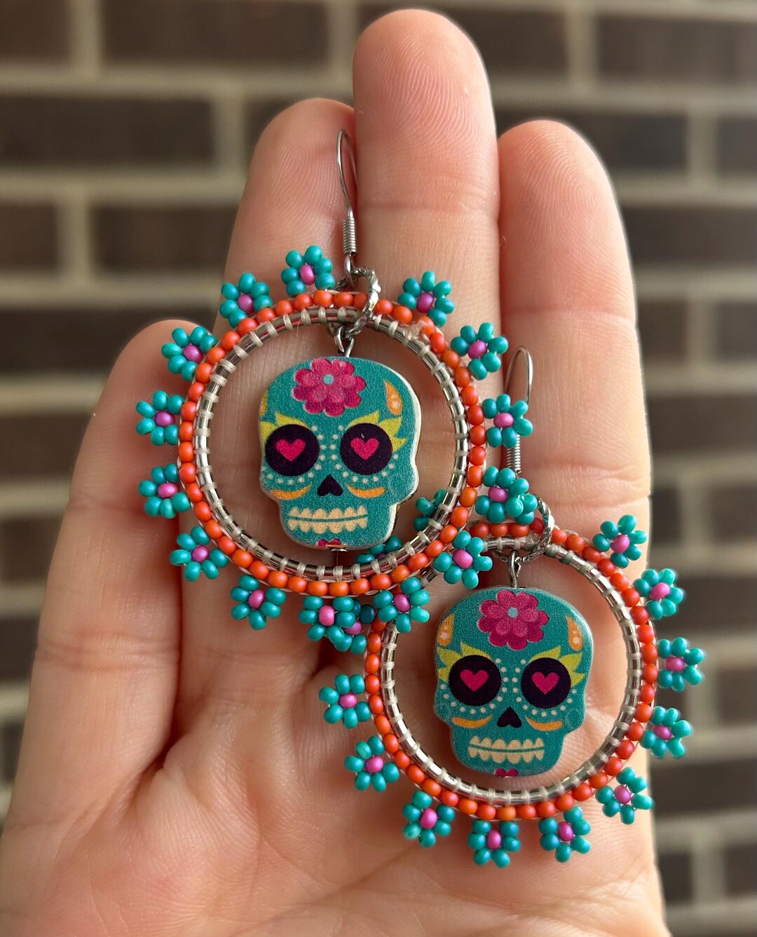 Skull in Bloom Beaded Flower Hoop Earrings With Enamel Sugar Skull ...