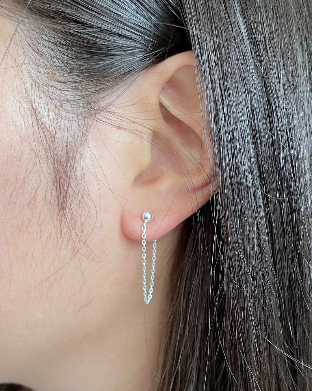 62) Minimalist 925 Sterling Silver Chain Dangle Stud Earrings. Piercing ...