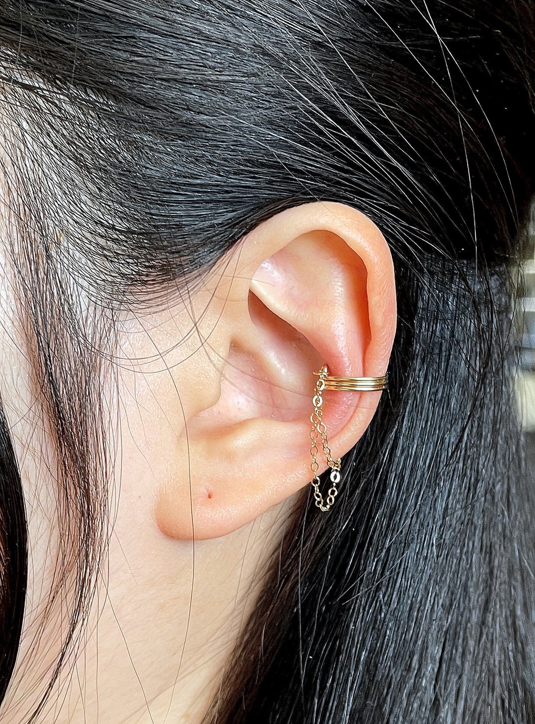 99)no Piercing Triple Bands and Chains Ear Cuff. 925 Sterling Silver ...