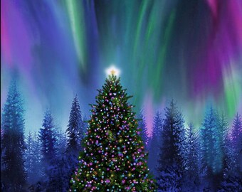 Christmas Tree Under Aurora Borealis Quilting Cotton Fabric Panel From ...