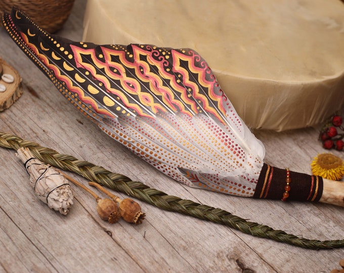 Guiding Moon and Stars.:. Spirit Feather Wand Painted Fan/ Leather ...