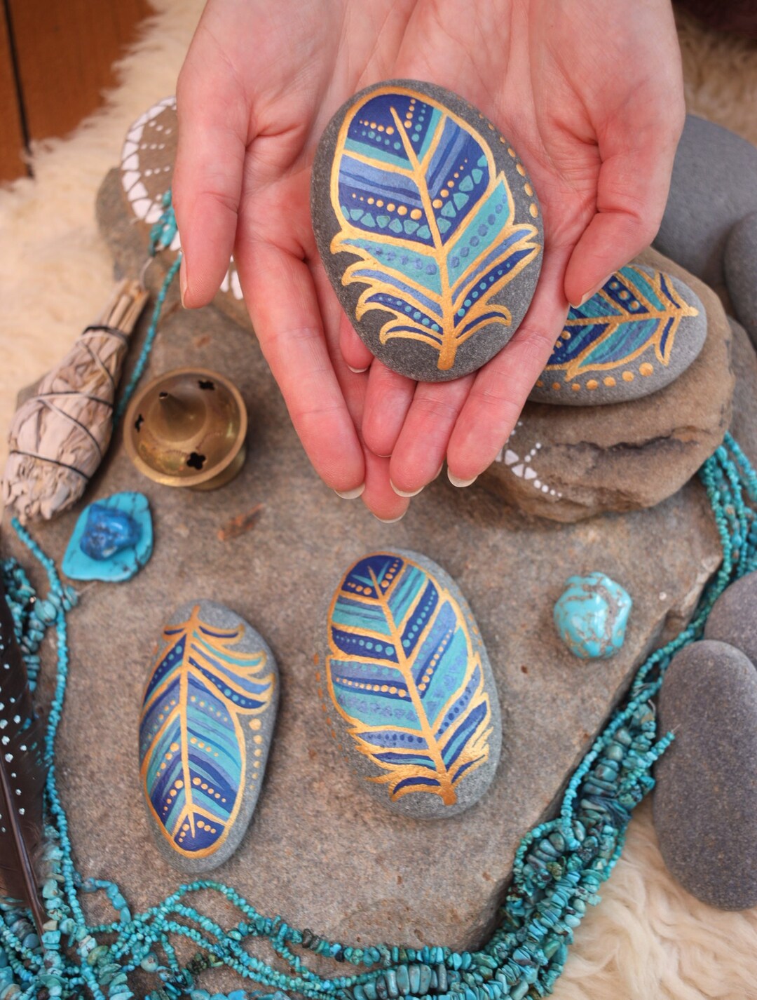Ocean Feather.:. Rock for Your Altar One Hand Painted Stone /shaman Art ...