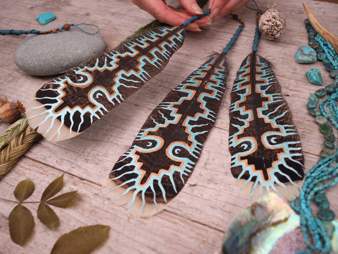Aya Medicina .:.one Small Feather Hand Painted in Bronze and Turquoise ...