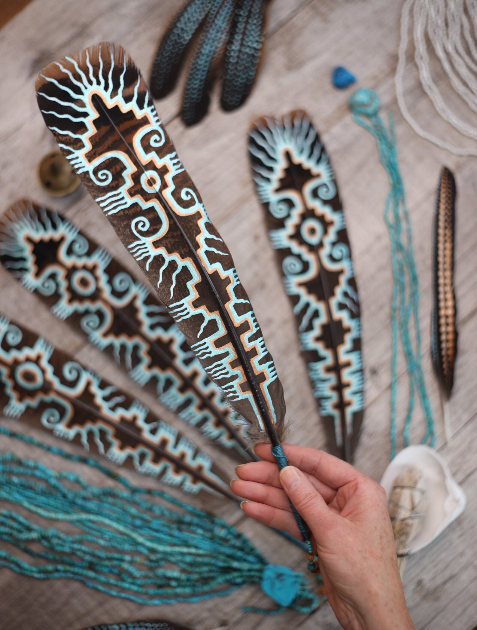 Portal of Creation.:. Feather Hand Painted in Bronze and Turquoise ...