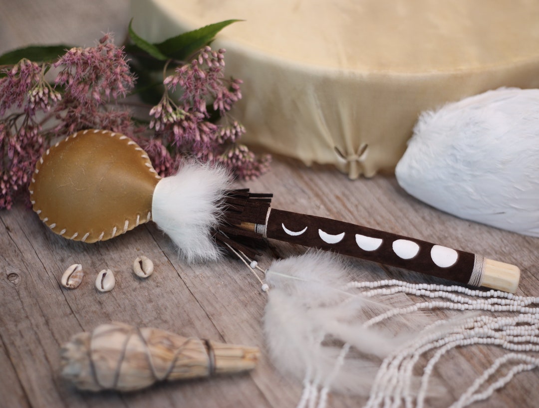 Moon Rattle.:. Spirit Rattle//rawhide//painted Leather/ Feathers ...