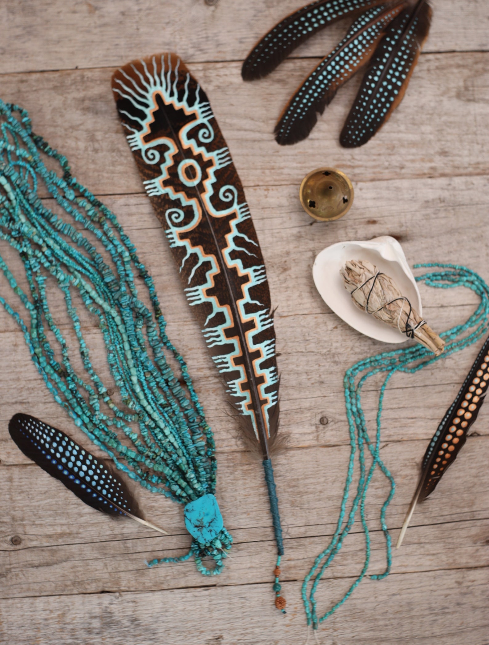 Portal of Creation.:. Feather Hand Painted in Bronze and Turquoise ...