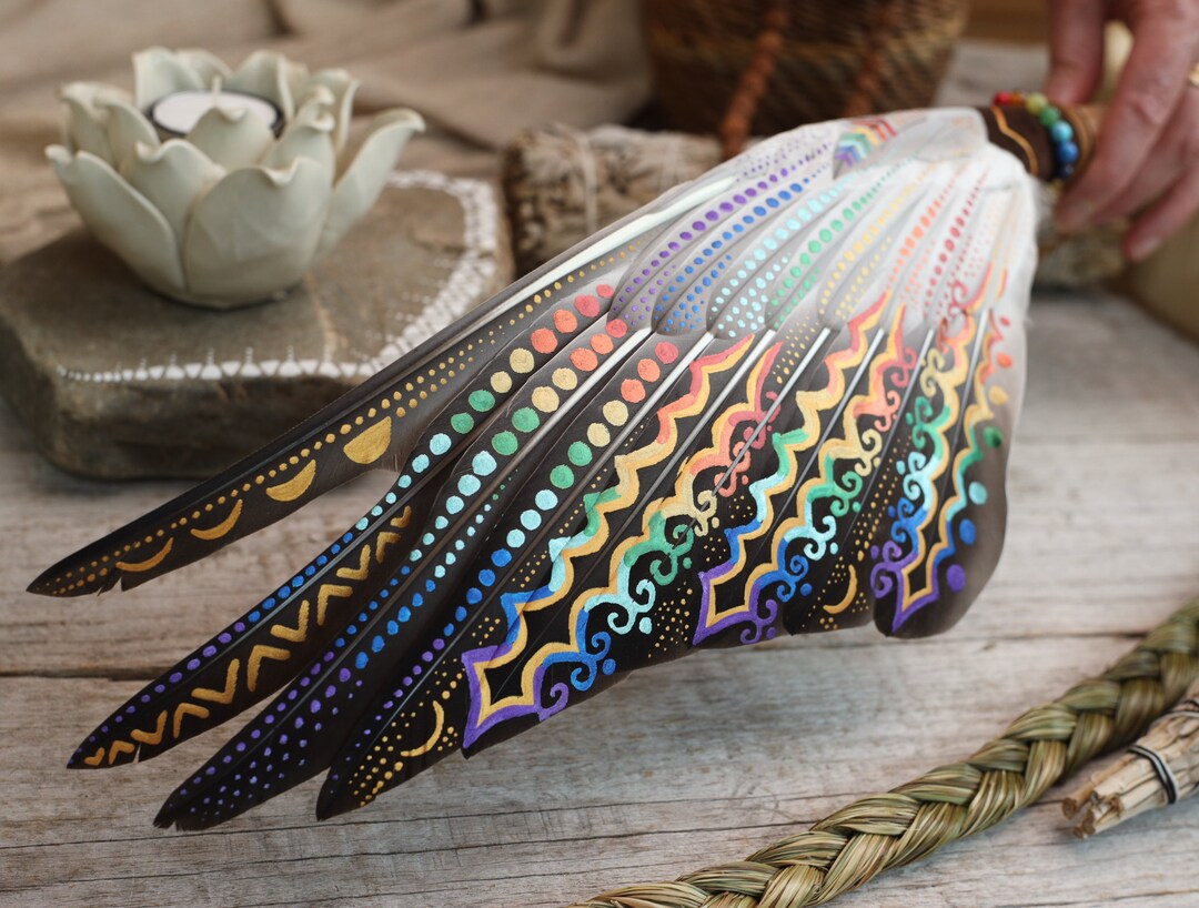 Rainbow Spirit Wing.:. Spirit Feather Wand Painted Fan/leather/smudging/blessing/shamanic Fan ...