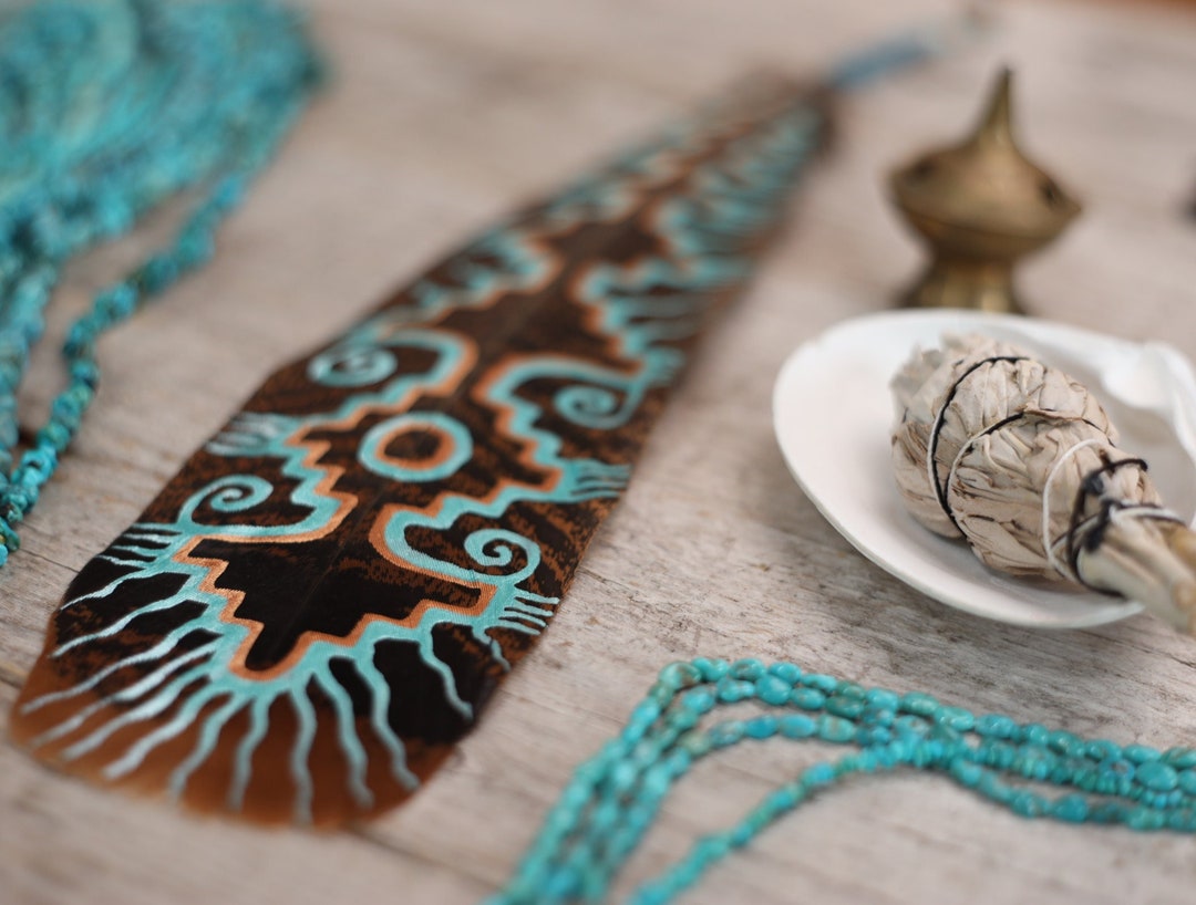 Portal of Creation.:. Feather Hand Painted in Bronze and Turquoise ...