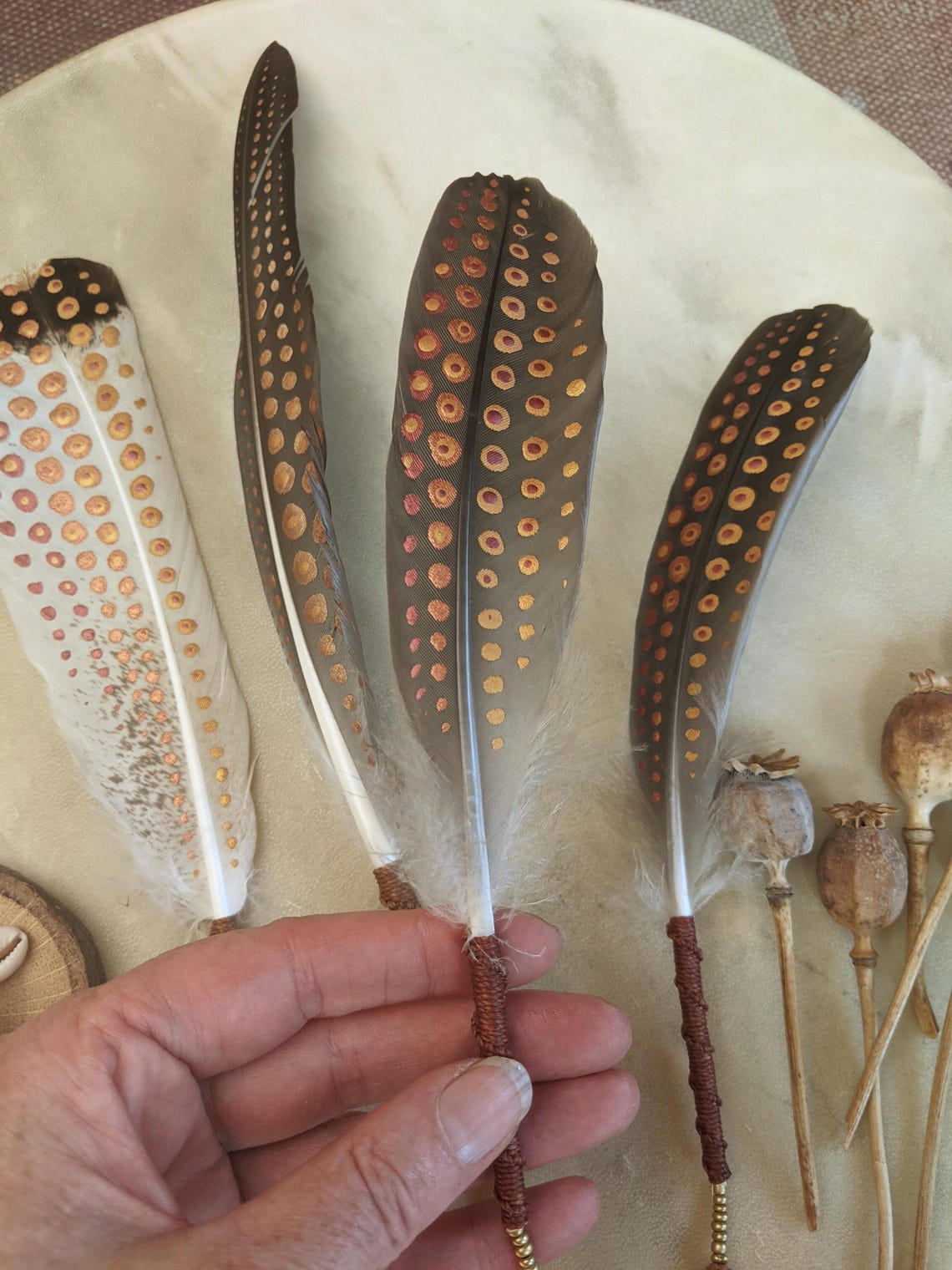Four Feathers Set.:. Four Small Feathers Hand Painted in Gold and Reds ...