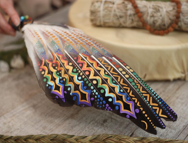 Rainbow Spirit Wing.:. Spirit Feather Wand Painted Fan/leather/smudging ...