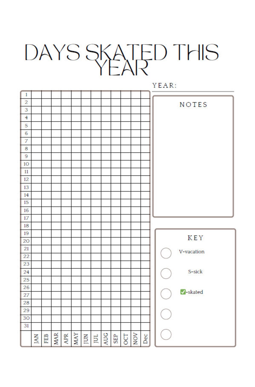 Weekly Skating Goals, Days Skated This Year, Workout Log - Etsy