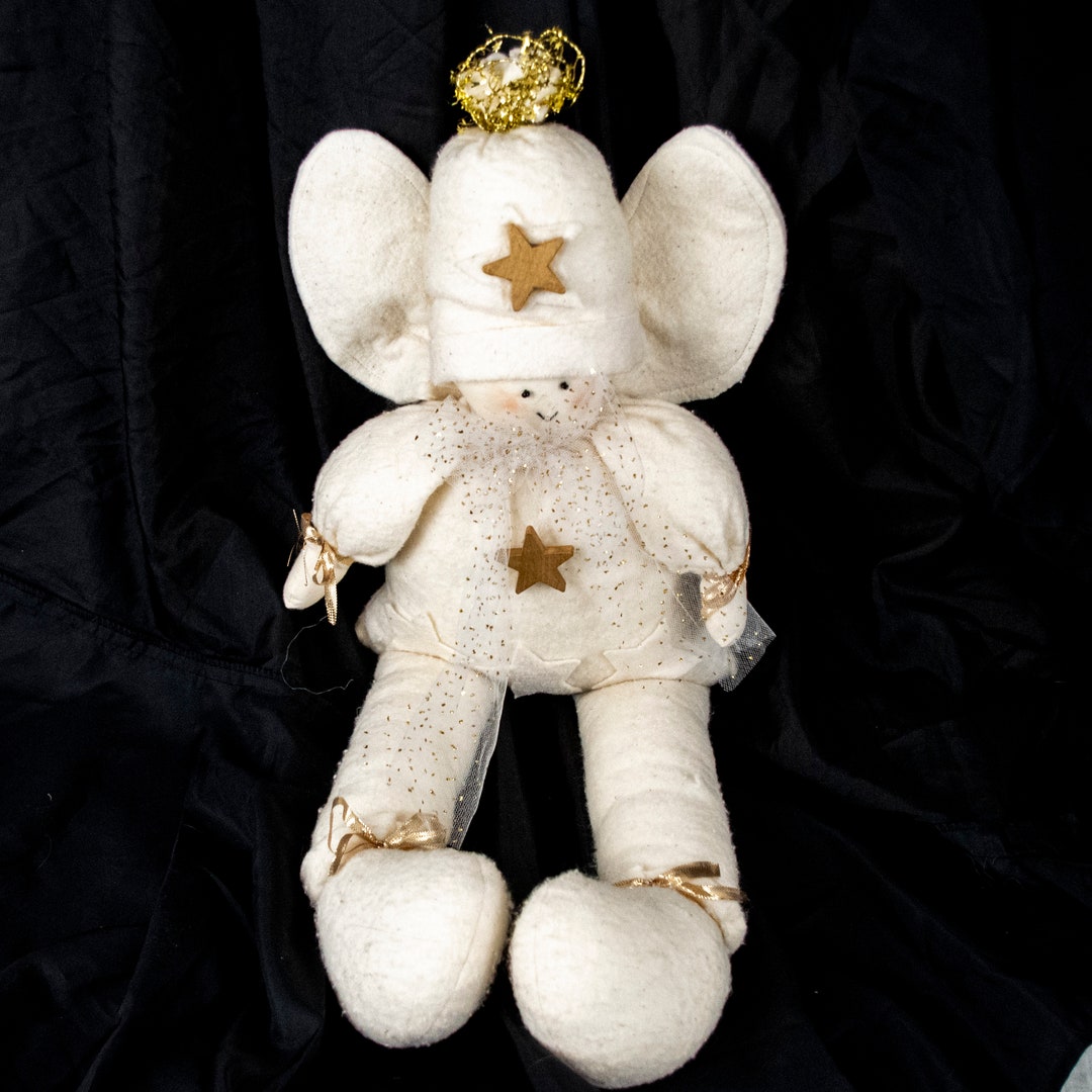 Christmas Angel Plush Primitive Cloth Doll Beige With Gold Wood Stars ...