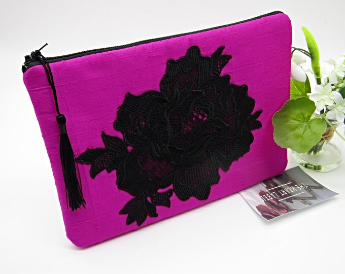 Zipper Clutch, Fuchsia and Black Floral Design Zipper Purse, Hot Pink ...