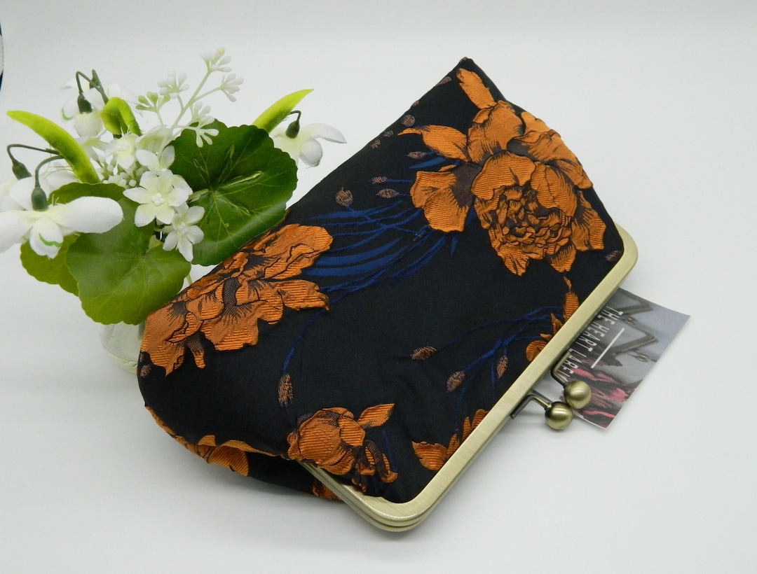 Dark Navy and Orange Floral Clutch Bag, Mother of Bride Clutch Bag ...