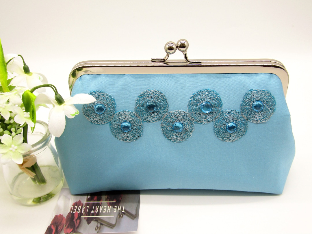 Pastel Blue Silk Clutch Bag, Blue Silk Clutch Purse With Stones ...