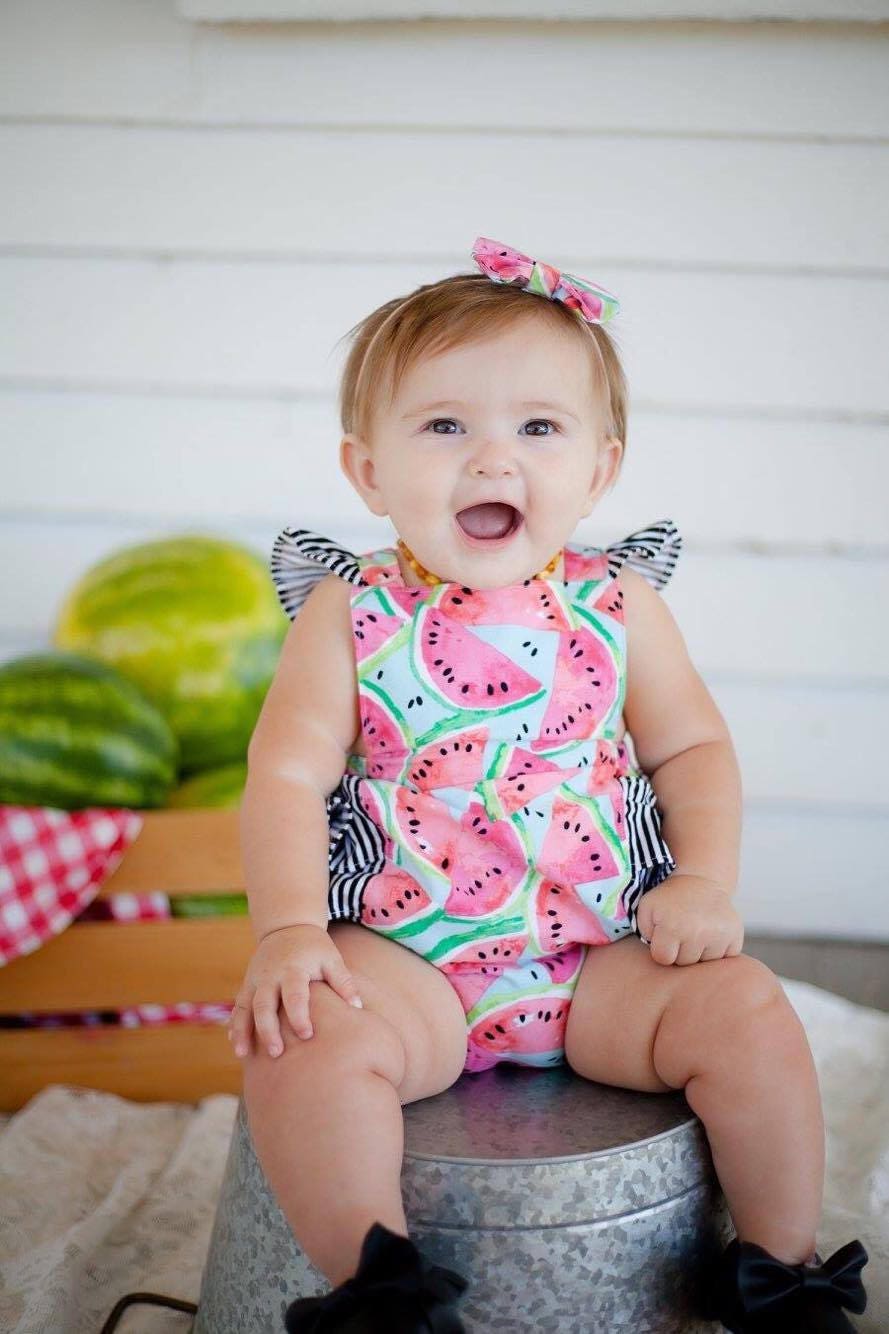 Watermelon Ruffled Bubble Romper - Eyelet Trim Ruffles - Optional ...