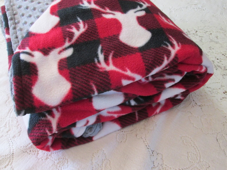 Buffalo Plaid Deer Head Fleece Blanket W/ Gray OR Black Minky - Etsy