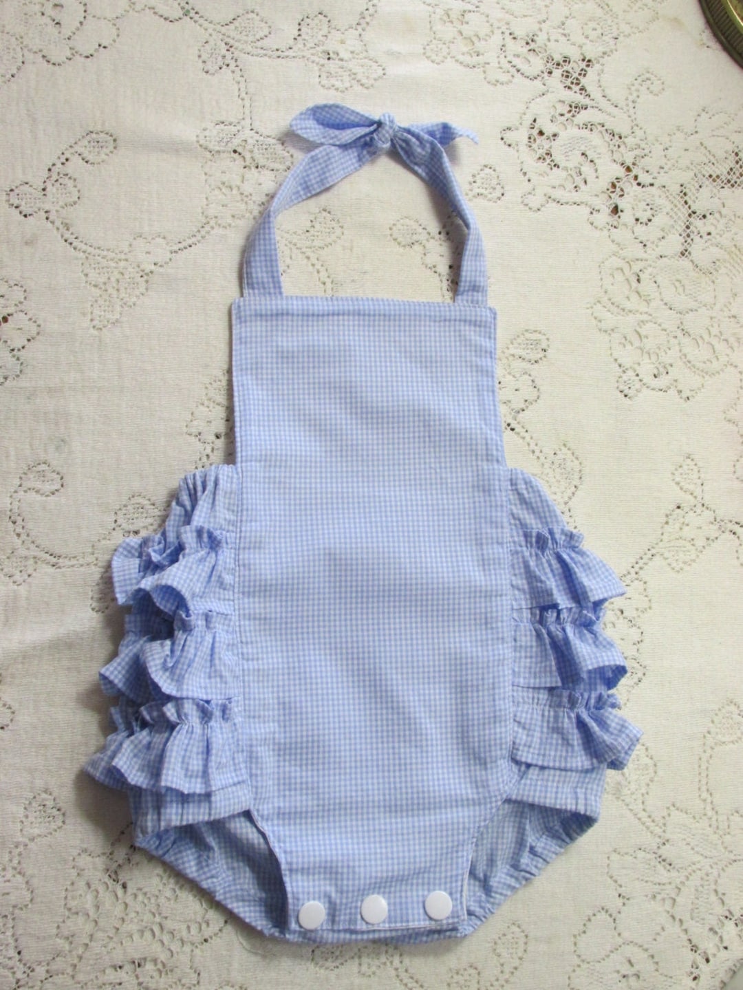 Blue Gingham Ruffled Bubble Romper - Infant Toddler Child Sizes - Vintage-style Romper ...