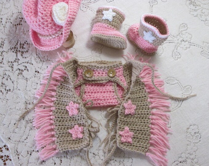 Cowgirl Hat, Boots, Chaps & Diaper Cover Set, Crochet, Pink, Tan, White ...