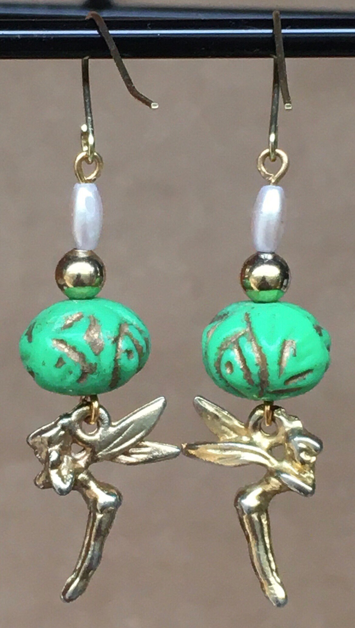 Vintage Disney Tinker Bell Fairy Gold Tone Charm Earrings With Green ...