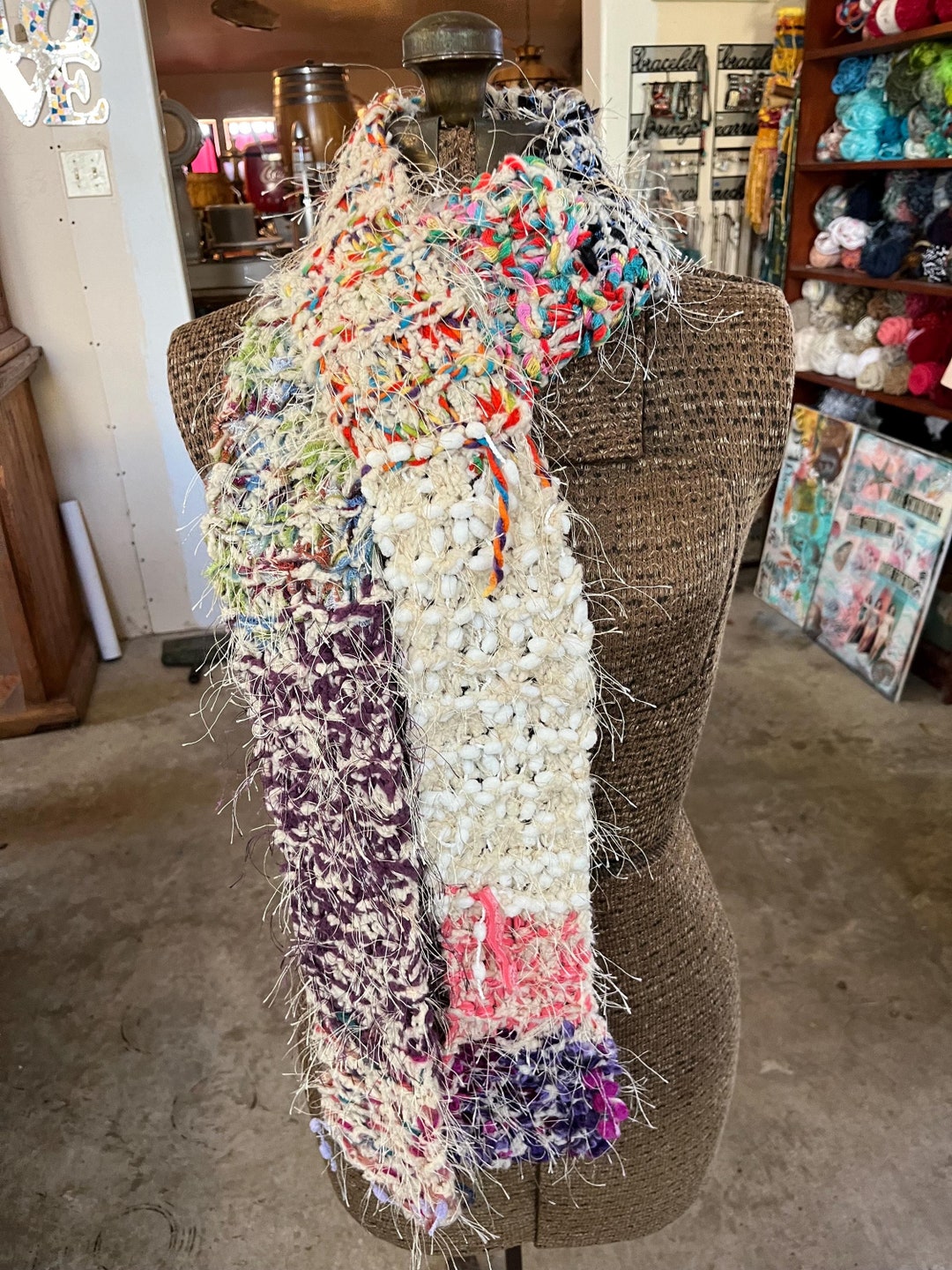 Beige/ivory & Multi Color Scarf, Hand-knitted Yarns, Long, Winter, Boho ...