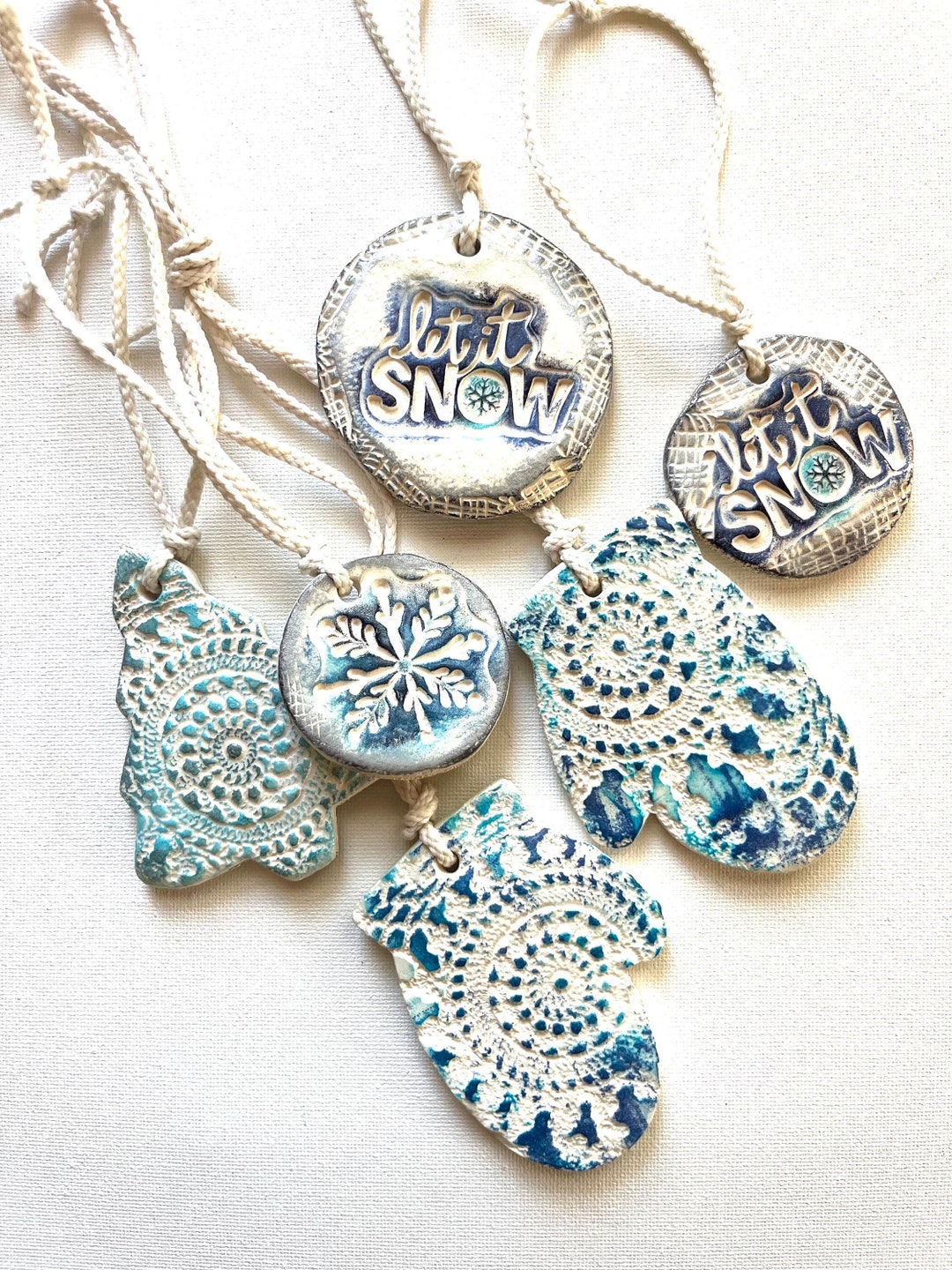 Winter Ornaments, Rustic Ceramic White & Blue, Snowflakes, Pair of ...