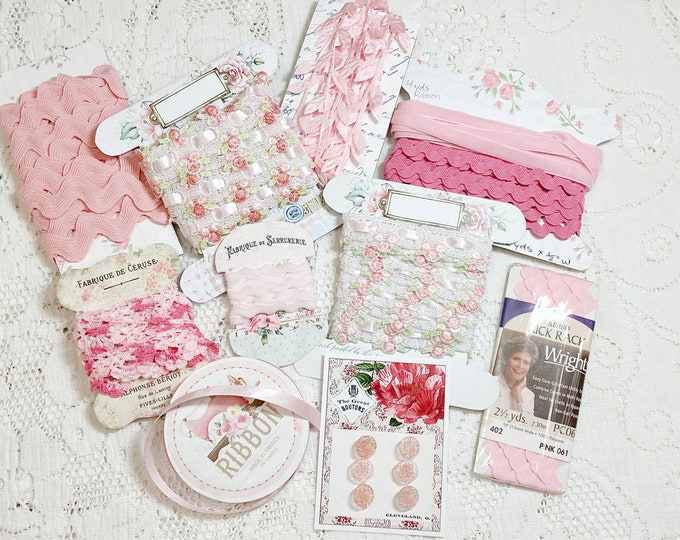 PINK Bundle of Vintage Ribbons, Buttons and Lacy Trims With Pretty ...