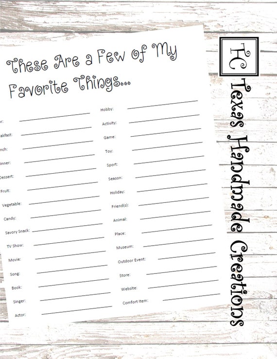 Printable my Favorite Things PDF Format US - Etsy