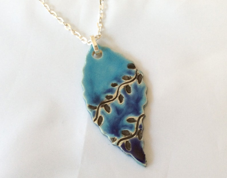 Blue Twist Ceramic Leaf Pendant Large With Vine Texture in - Etsy